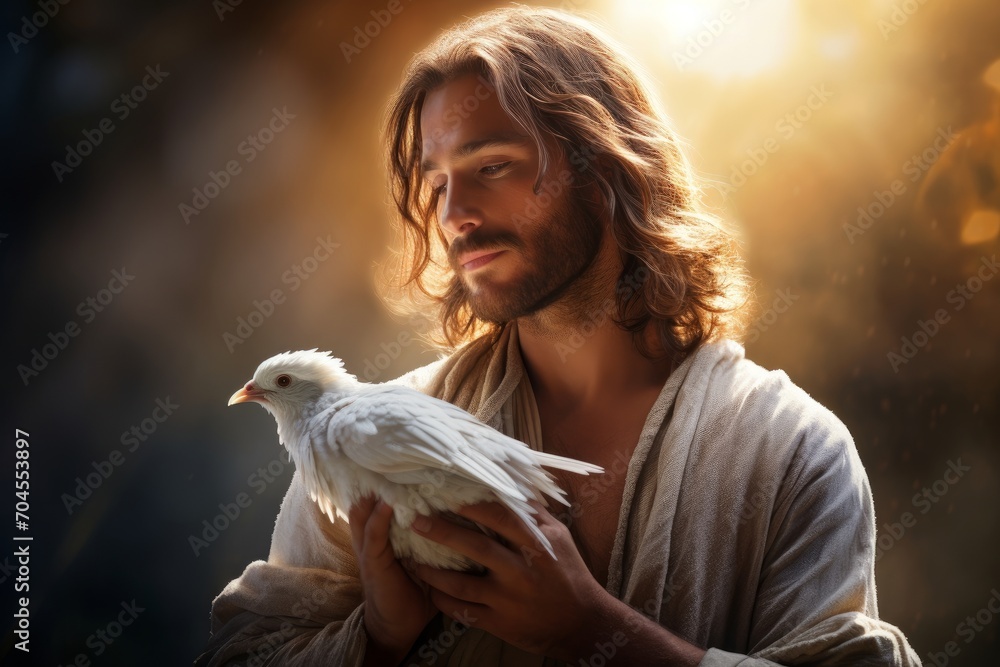 Jesus Christ with a dove in his hands. The concept of God, The Symbol ...
