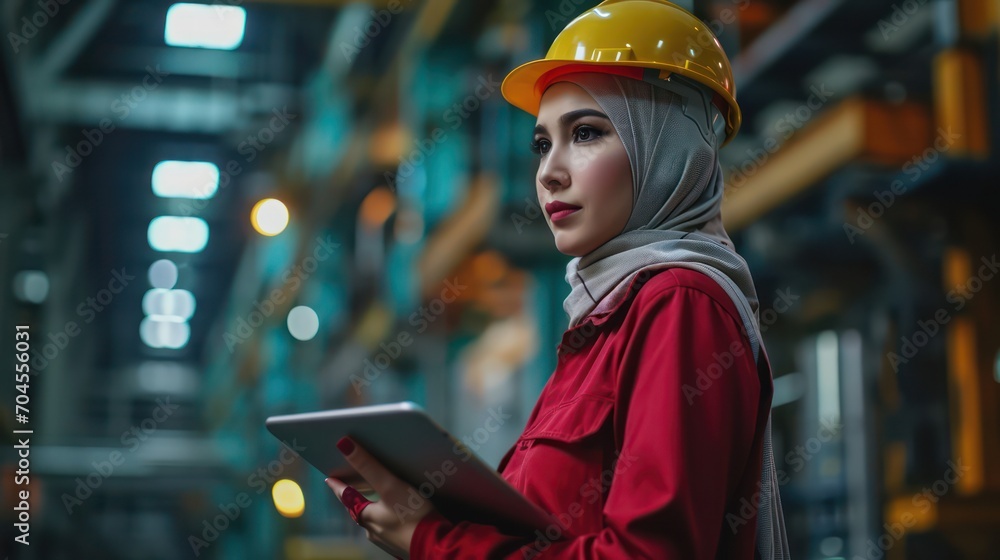 Conceptual image of a Muslim woman civil engineer in hijab, uniform ...