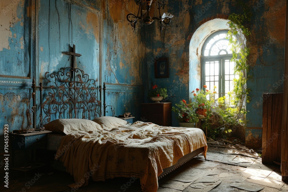 vintage bed with messy sheets in a room with peeling blue walls and a ...