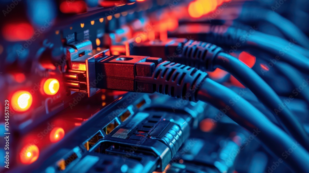 Data center setup: Network panel, switch, and cables with Augmented ...