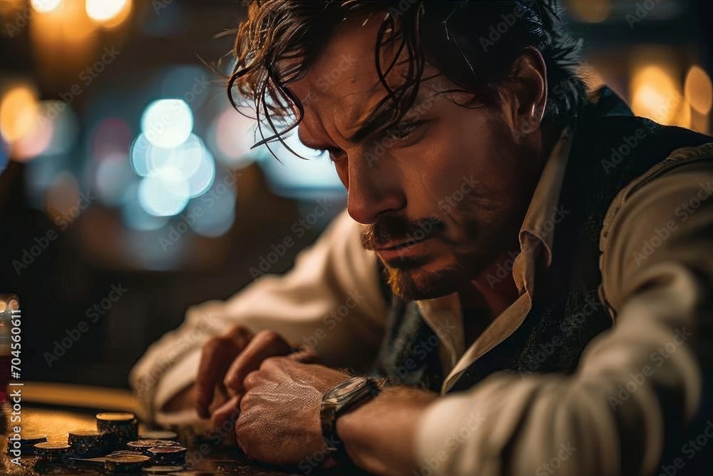 In Las Vegas, a gambler sits in despair at a poker table, his face ...