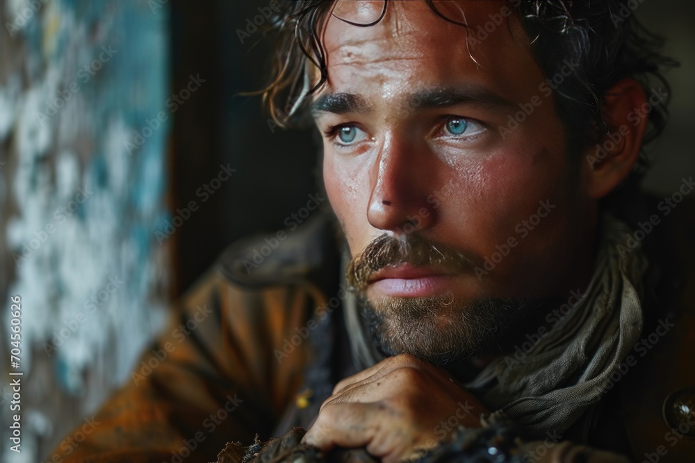 Intense close-up of a contemplative man with a facial scar staring ...