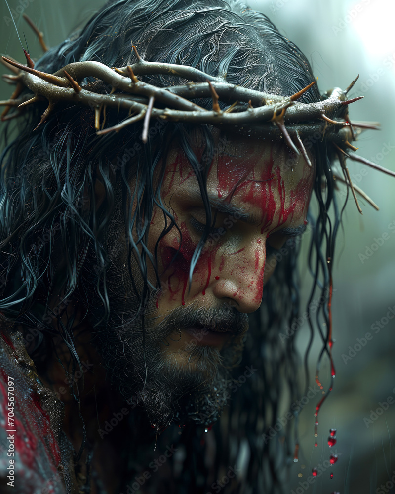 Jesus Christ wearing a crown of thorns with blood on his face. The ...