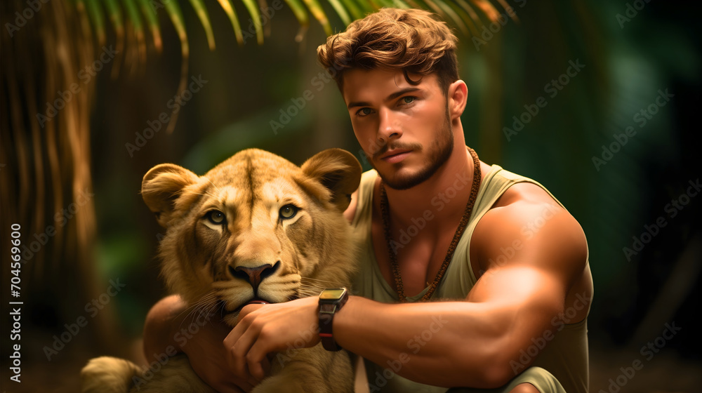 A handsome, muscular young man love and friendship with a lion or ...