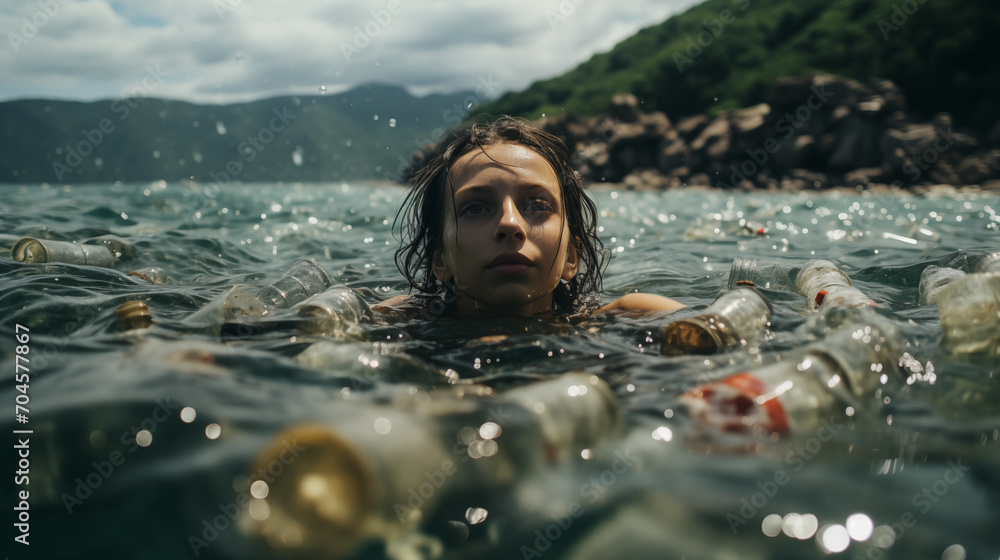 girl swimming in water with garbage. plastic in the ocean. the problem ...