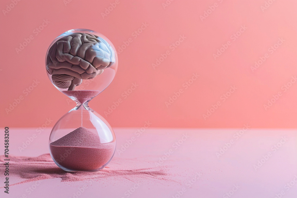 Human brain in hourglass, medical and psychology concept, brain aging ...