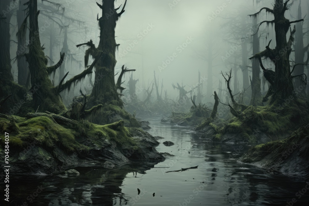A breathtaking view of a serene swamp with an abundance of trees and ...
