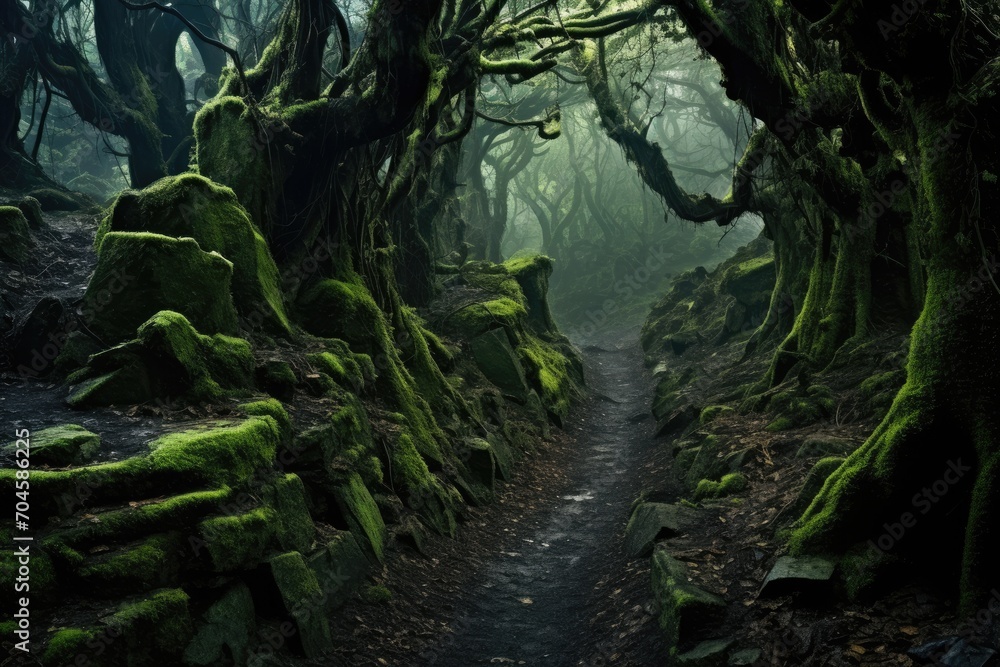 A beautiful forest path covered in lush green moss, winding its way ...