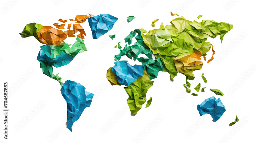 Colorful crumpled paper as a world map isolated on transparent ...