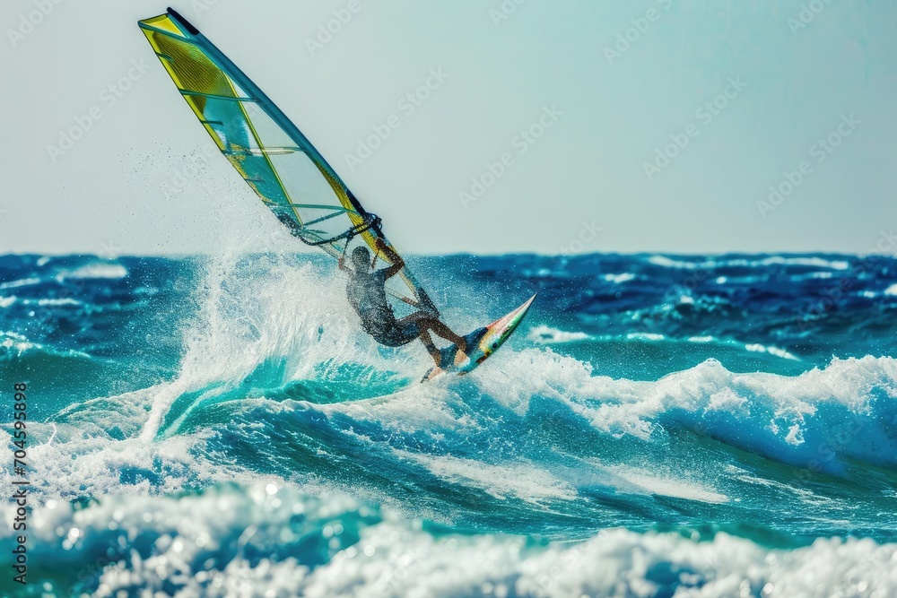 Professional windsurfer model performing high-speed maneuvers on ocean ...