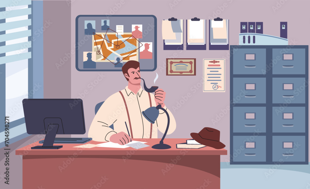 Detective at work in office. Private or police agent at workspace do ...
