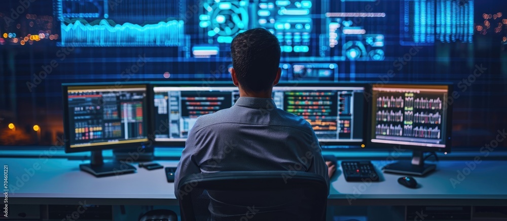 Lone technical controller at workstation with multiple displays ...