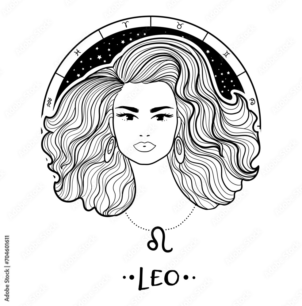 Vector illustration of Leo zodiac sign line art female face portrait ...