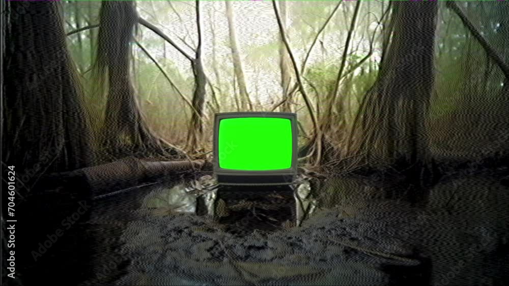 Retro TV with bright green screen placed in a swampy forest setting ...