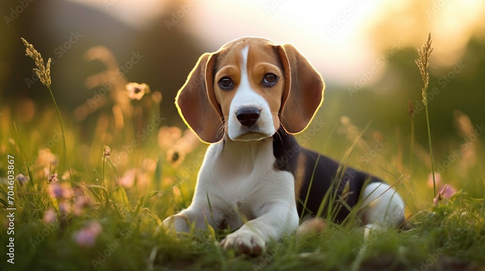 innocence as a beagle puppy with a noble posture lies quietly in the ...