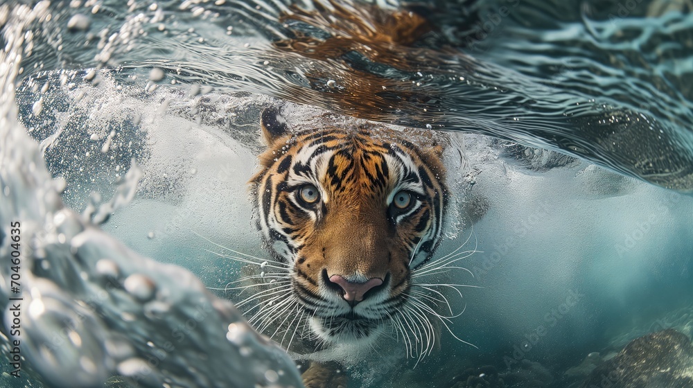 Witness the majesty of a tiger up close as it gracefully navigates the ...