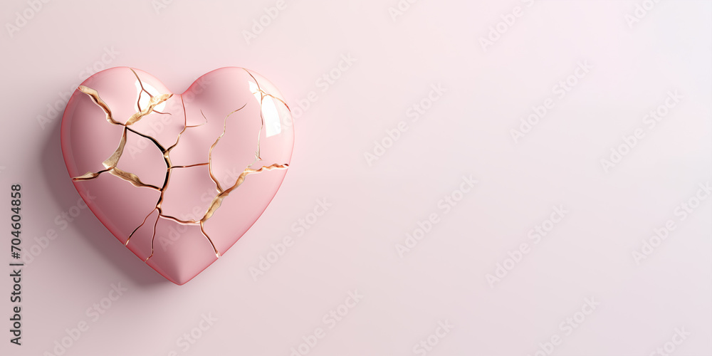 Broken heart repaired with gold using kintsugi technique. Pink banner ...