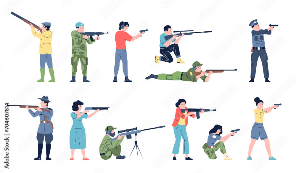 Shooting range. People hold firearms, men woman shoots. Shoot training ...
