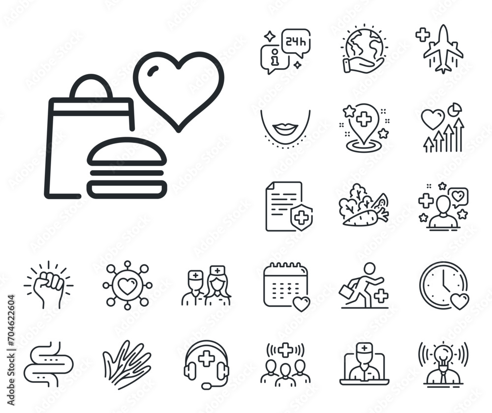 Charity sign. Online doctor, patient and medicine outline icons. Food ...