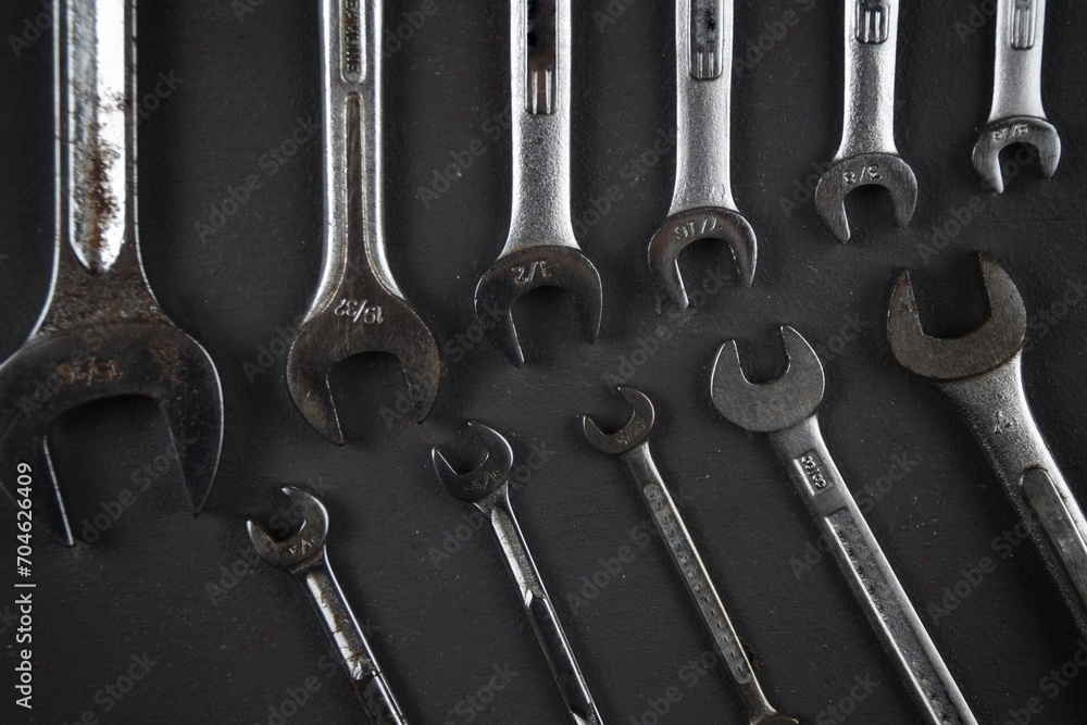 Various type of hand tools such as open, ring and ratchet spanner ...