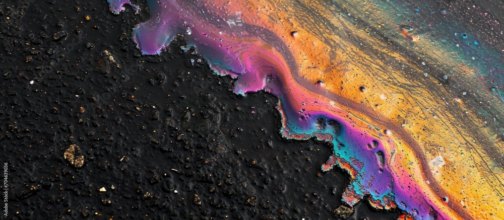 Rainbow-colored gasoline stains on dark asphalt as texture or ...