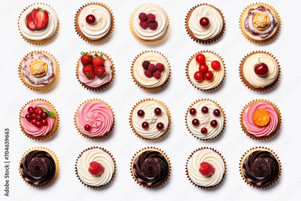 Top view of the assortment of many different cupcakes with colorful ...