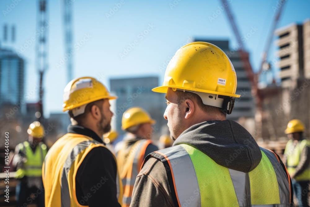 A unified group of construction workers standing shoulder to shoulder ...