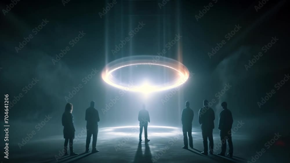 Silhouettes of a group of people standing beneath a magical halo shaped ...