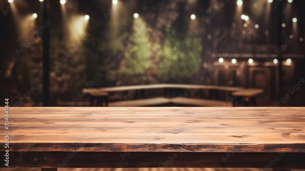 Empty wooden table at a circus, with a circus background for fair event ...