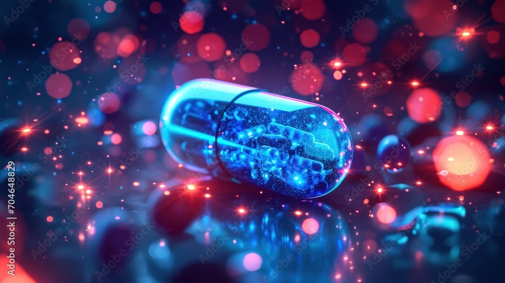 Glowing Transparent Pills on Futuristic Surface. Transparent capsules ...