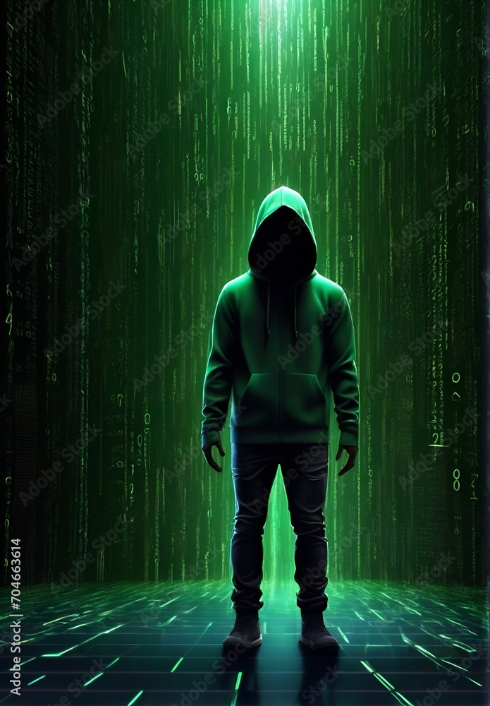 man, hacker, in a green sports coat with a hood on his head on a green ...