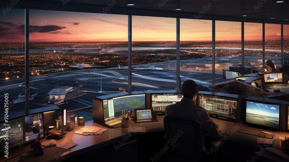 Workplace in the tower at the airport. Traffic control at the seaport ...