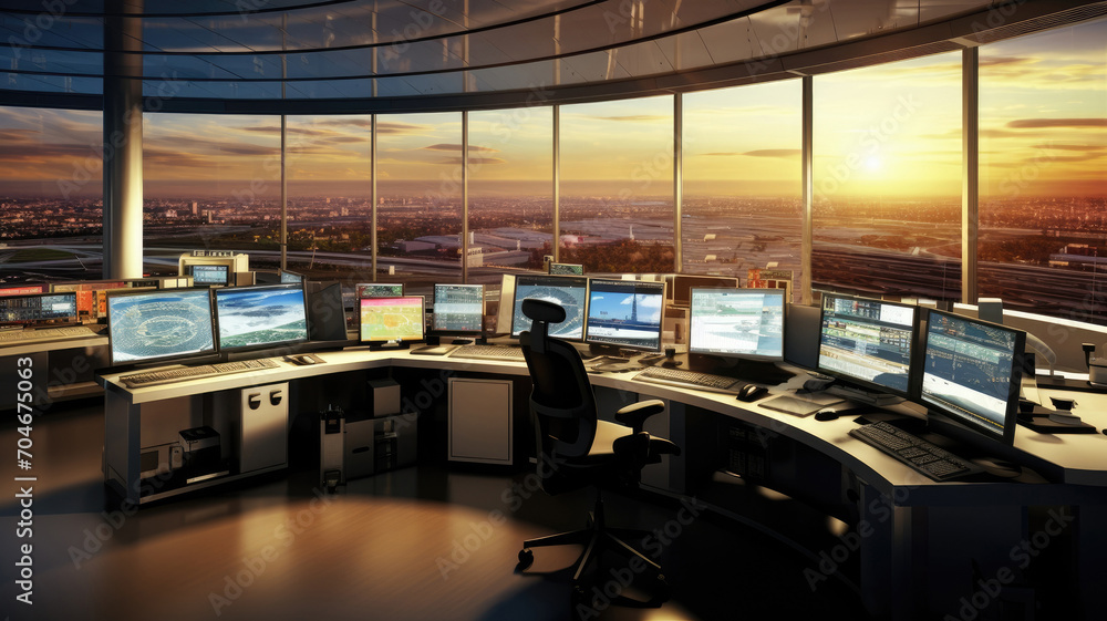 Workplace in the tower at the airport. Traffic control at the seaport ...