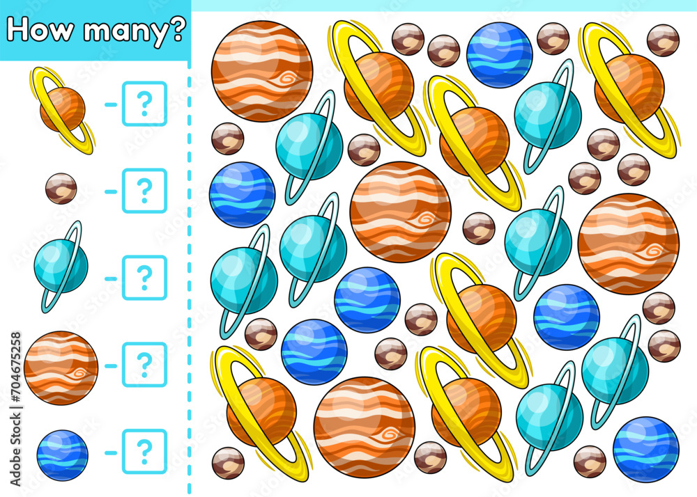 Kids space math game. How many planets of Solar system. Count cartoon planets Jupiter, Uranus ...