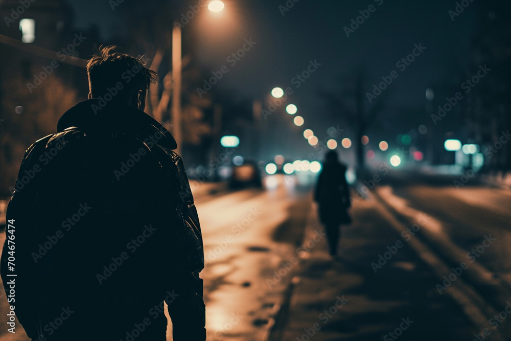 Man following woman in dark street, night, stalking, crime, mugger ...