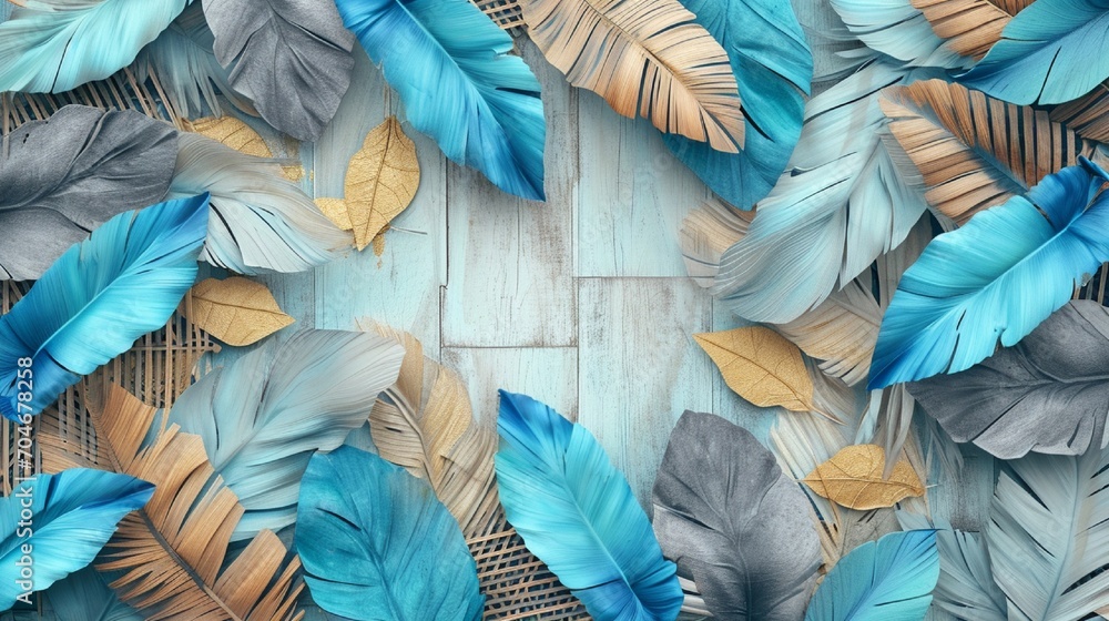 3D art wallpaper with blue, turquoise, gray leaves, feathers, golden ...