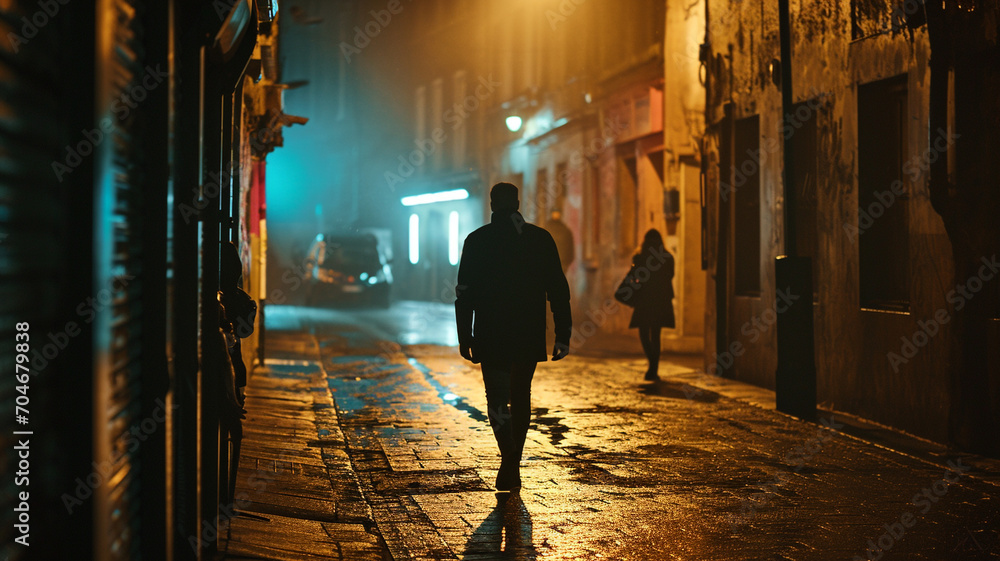 Man following woman in dark street, night, stalking, crime, mugger ...