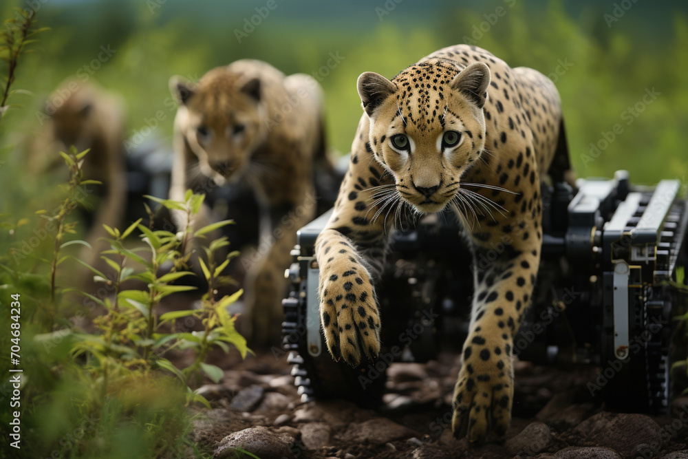 An impactful scene of robotic wildlife corridors, with machines ...