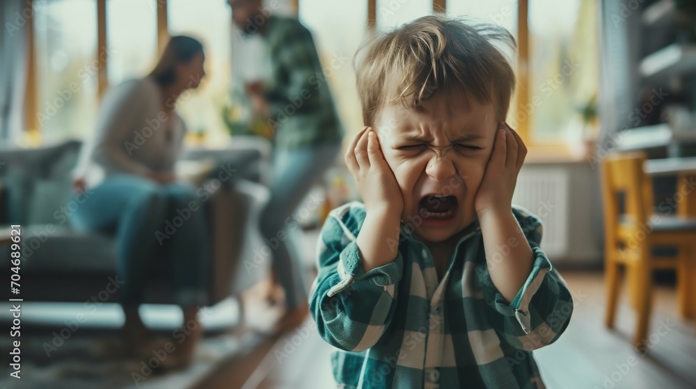 Child Covering Ears to Drown Out Yelling Parents. Generative ai Stock ...