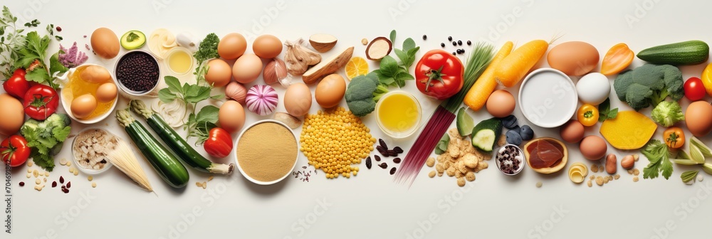 Collage of food products divided with vertical white lines bright white ...