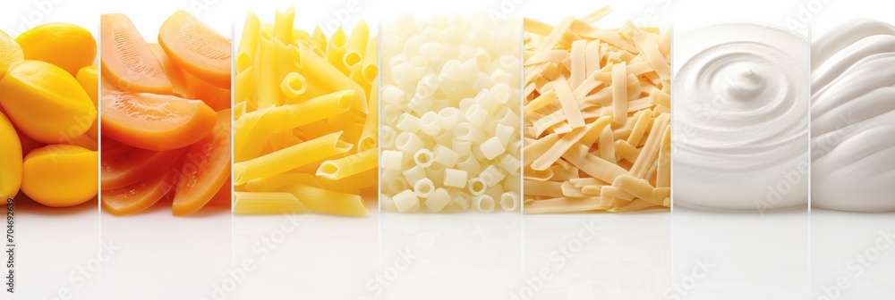 Collage of food products divided with white vertical lines bright white ...