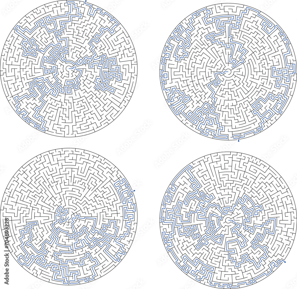 Set of four medium and hard difficulty round complex labirinths. Collection of 4 vector circular ...