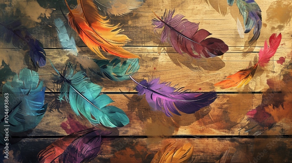 An ethereal array of translucent, colorful feathers floating above a ...