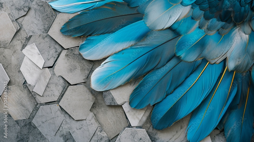 Blue and turquoise feathered wallpaper, blended with grey marble, wood ...