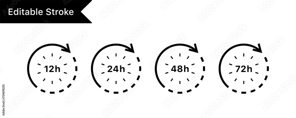 12 24 48 72 Hours clock arrow rotate time icon. Delivery order and ...