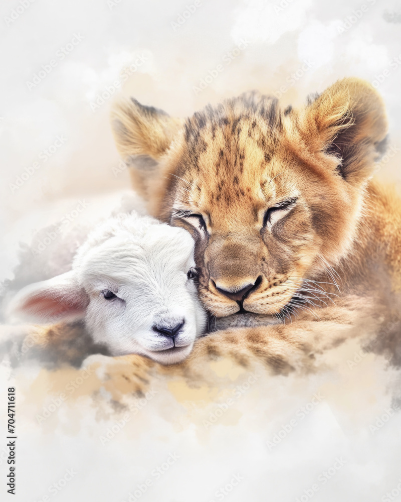 Lion And Lamb Innocence Unveiled Watercolor. Portrait of Baby, Lion Cub ...