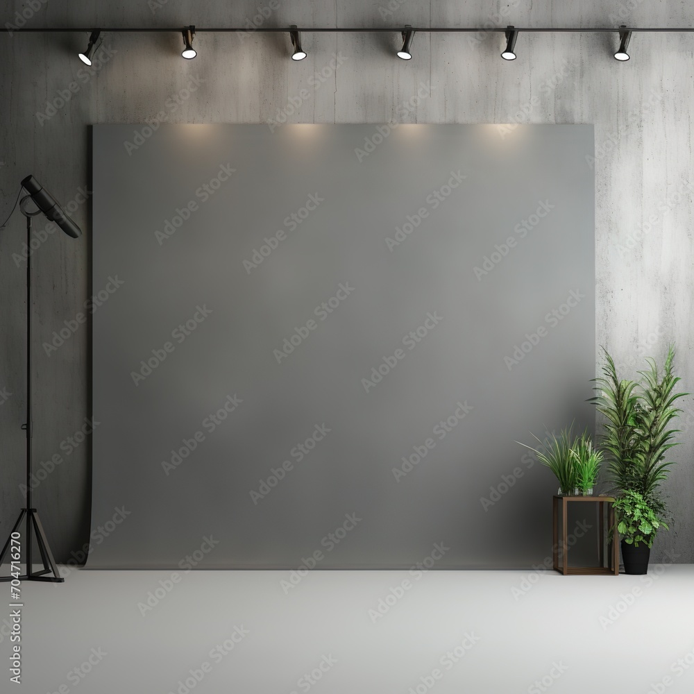 Black and grey studio background with spotlights and plants Stock ...