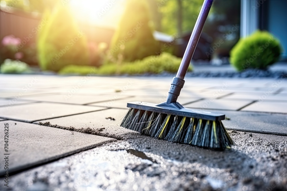 Spring cleaning of a modern house driveway, scrubbing a dark concrete ...