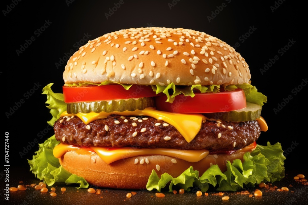 Cheeseburger with beef pickles cheese tomato onion ketchup and lettuce ...