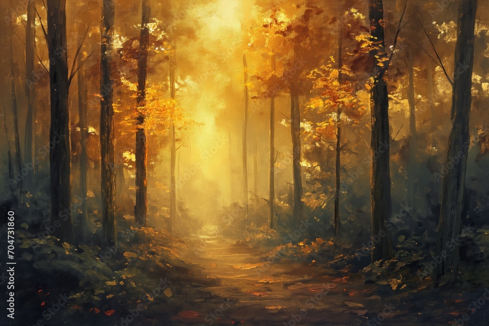 Beautiful Forest Sunrise Landscape Painting, Nature Artwork, Rustic ...